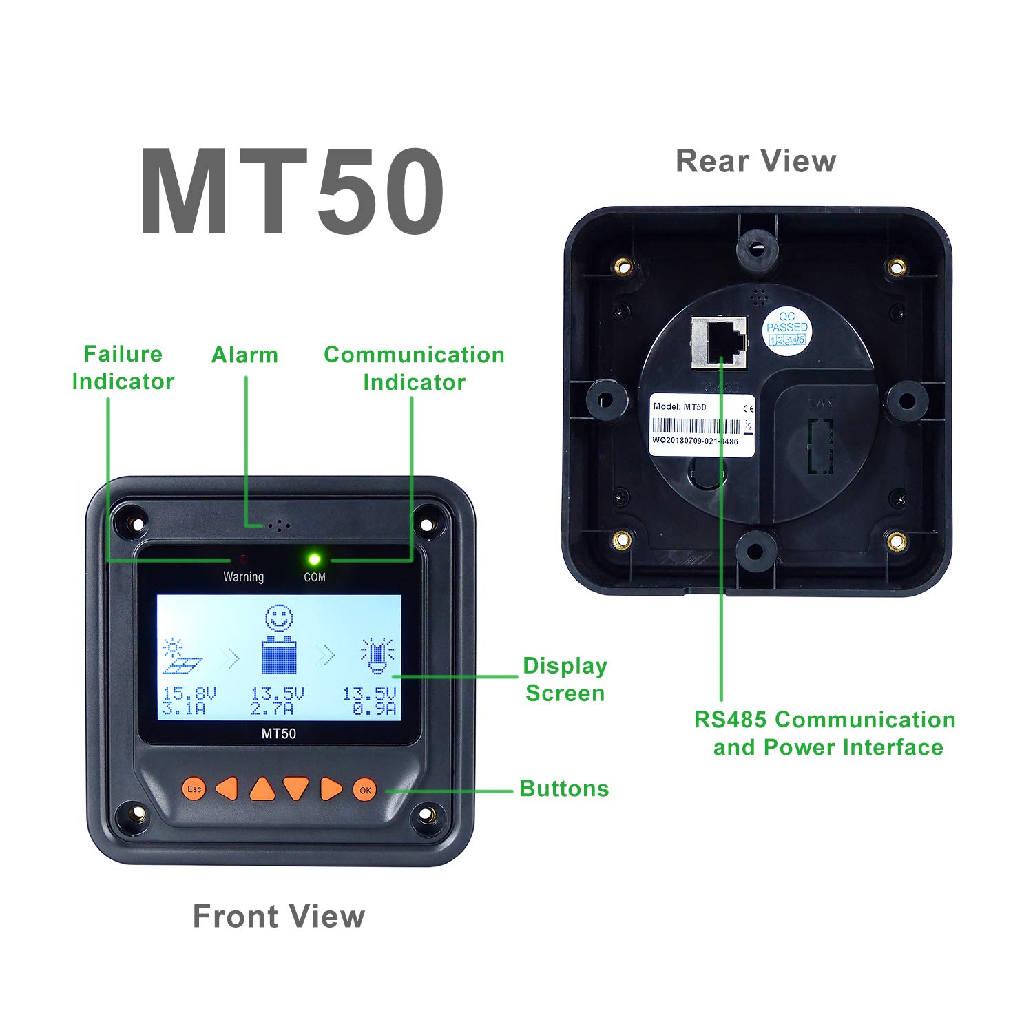 EPEVER MPPT Charge Controller 30A Max PV 100V Input 12V/24V Auto, Negative Grounded with MT50 & Temperature Sensor, Work for Lead-Acid Sealed/Gel(AGM)/Flooded and Lithium Battery(30A+MT50+RTS)