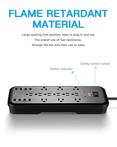 KMC 12-Outlet Surge Protector Power Strip with 8 USB Charging Ports (5V/10A), 4500J,6-Foot Cord