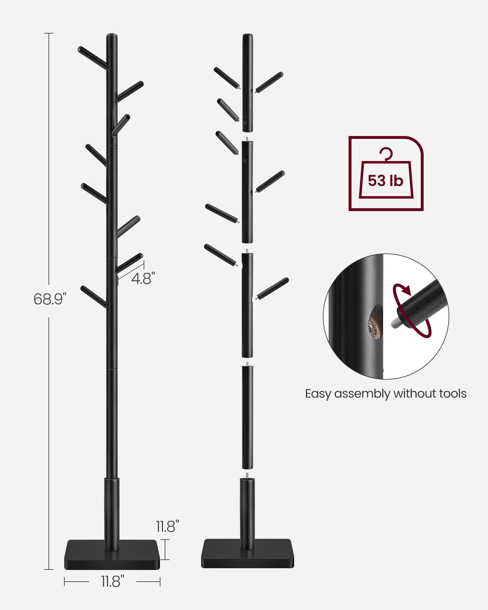 VASAGLE Solid Wood Coat Rack, Free Standing Hall Coat Tree with 8 Hooks, 3 Height Options, for Coats, Hats, Bags, Purses, for Entryway, Hallway, Rubberwood Hooks and Pole, Ink Black URCR010B01