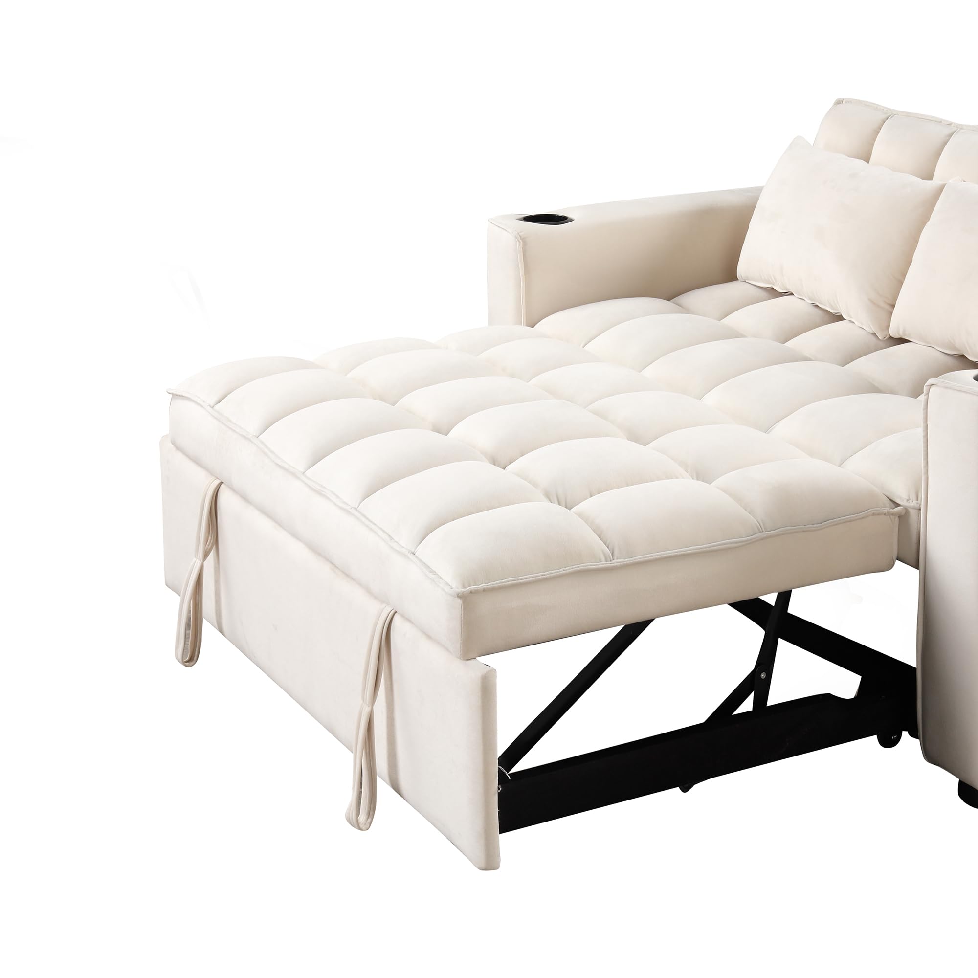 Merax 58" 4-1 Multi-Functional Velvet Sofa Bed with Cup Holder and USB Port for Living Room or Apartments Love Seats, Milky White