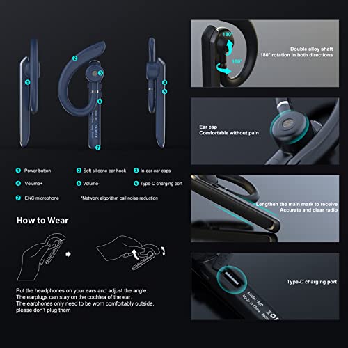 Mosonnytee Bluetooth earpiece Wireless Bluetooth earpiece for Cell Phone handsfree with Microphone 7-Hrs usageone, Single on Ear Headphones Trucker Bluetooth Phone earpiece Both Ear use (Blue)