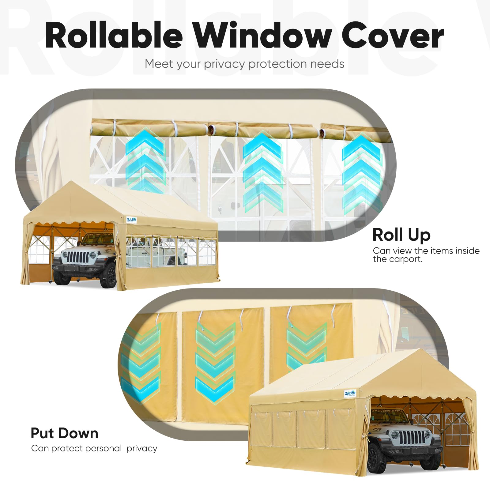 Quictent 13'X20' Retractable Party Tent with Wheels Movable Heavy Duty Carport Garage with Transparent Windows and Curtains