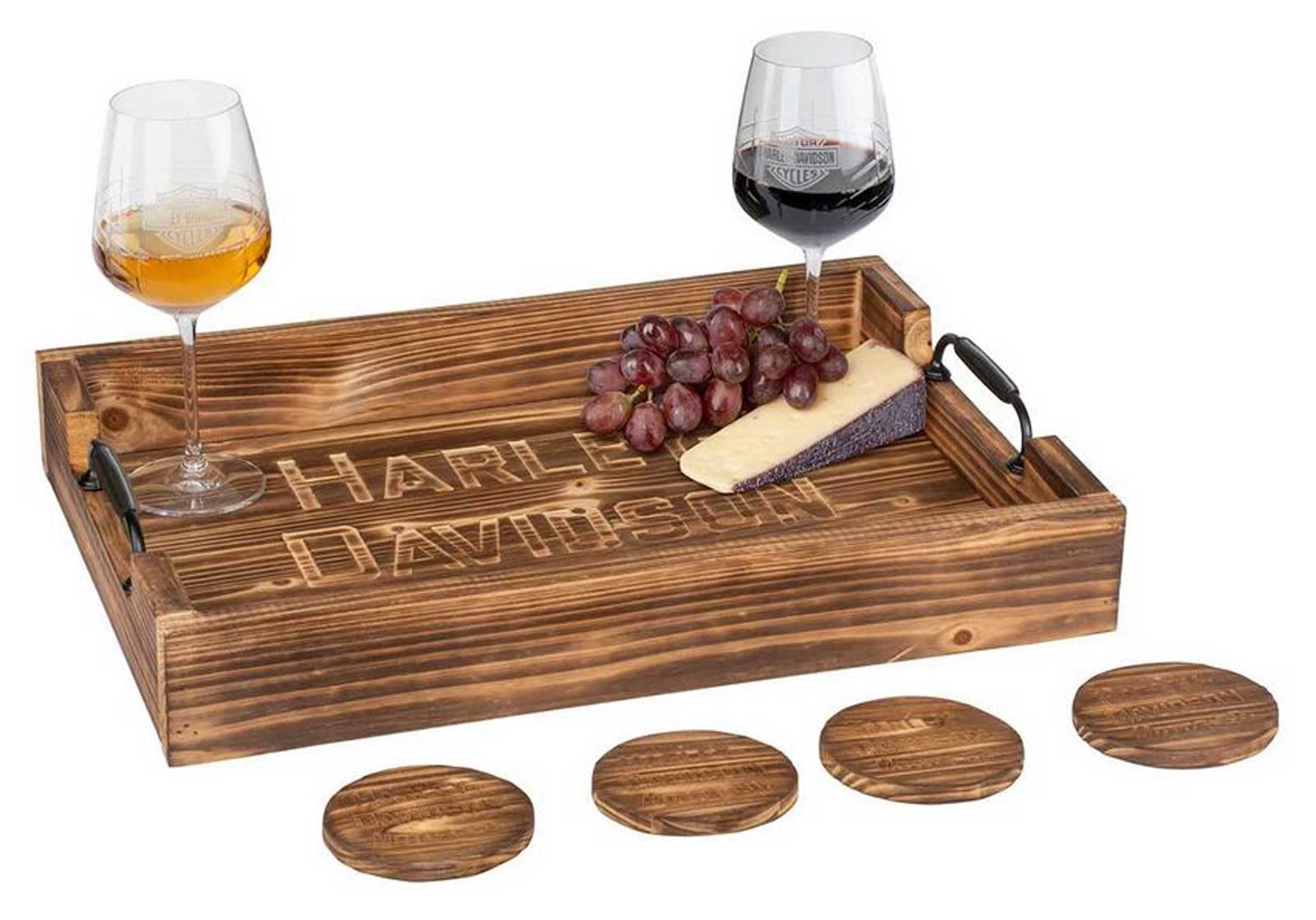 Harley-Davidson Motor Co. Solid Wood Serving Tray w/Four Coasters, Engraved Logo