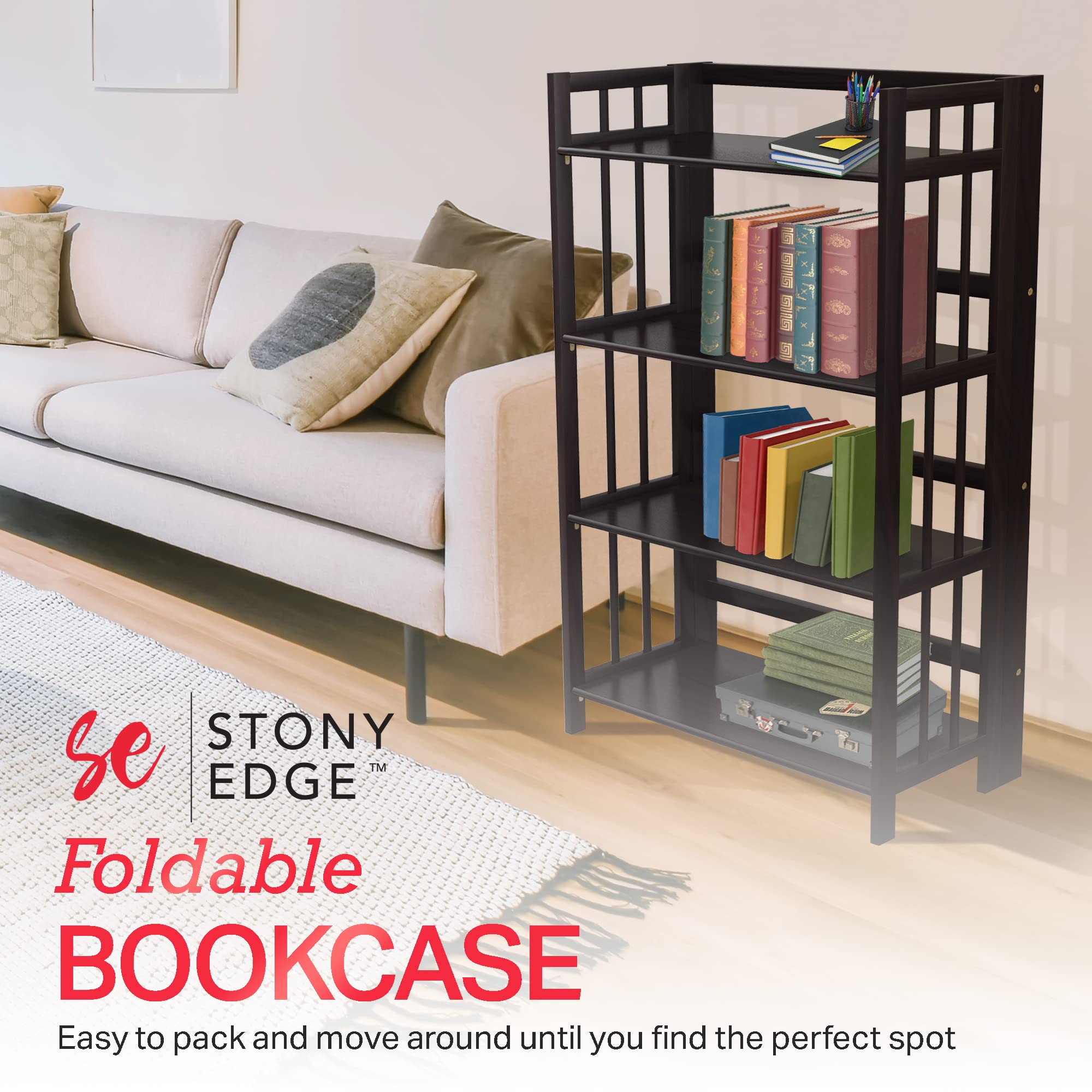 Stony Edge 4-Tier Folding Bookshelf | Espresso Wood Finish | 45x32x11.5 Inches | Book Shelf for Books and Trinkets | No Assembly Required | Foldable & Small Bookshelf for Home and Office