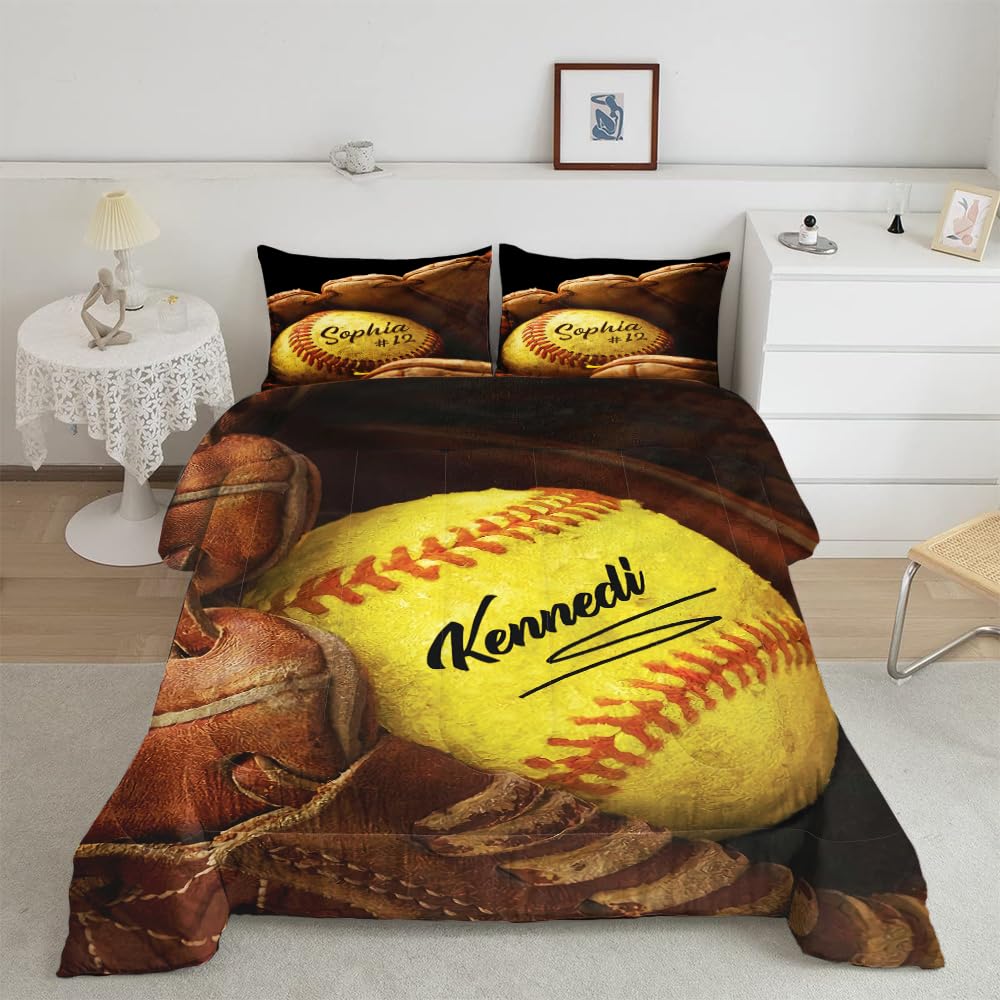 Softball Ball Comforter for Boy Girls Full Size, Softball Sport Comforter Set for Boys Teen Adult Softball Quilt Bedding Set Softball Room Decor with 2 Pillowcases Softball Queen Size