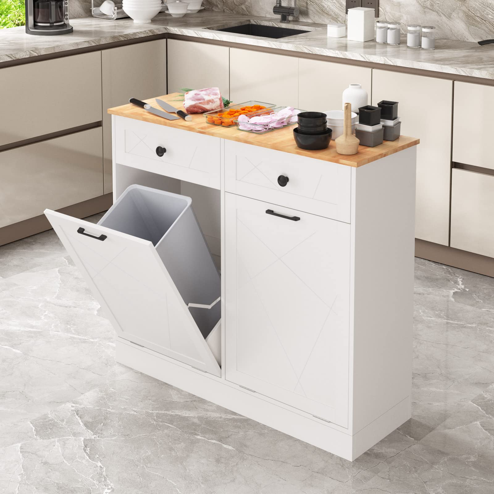 Vabches Trash Cabinet Double Trash Can, Dog Proof Tilt Out Trash Bin Holder, Hideaway Free Standing Recycling Cabinet with 2 Drawers for Kitchen Living Room White