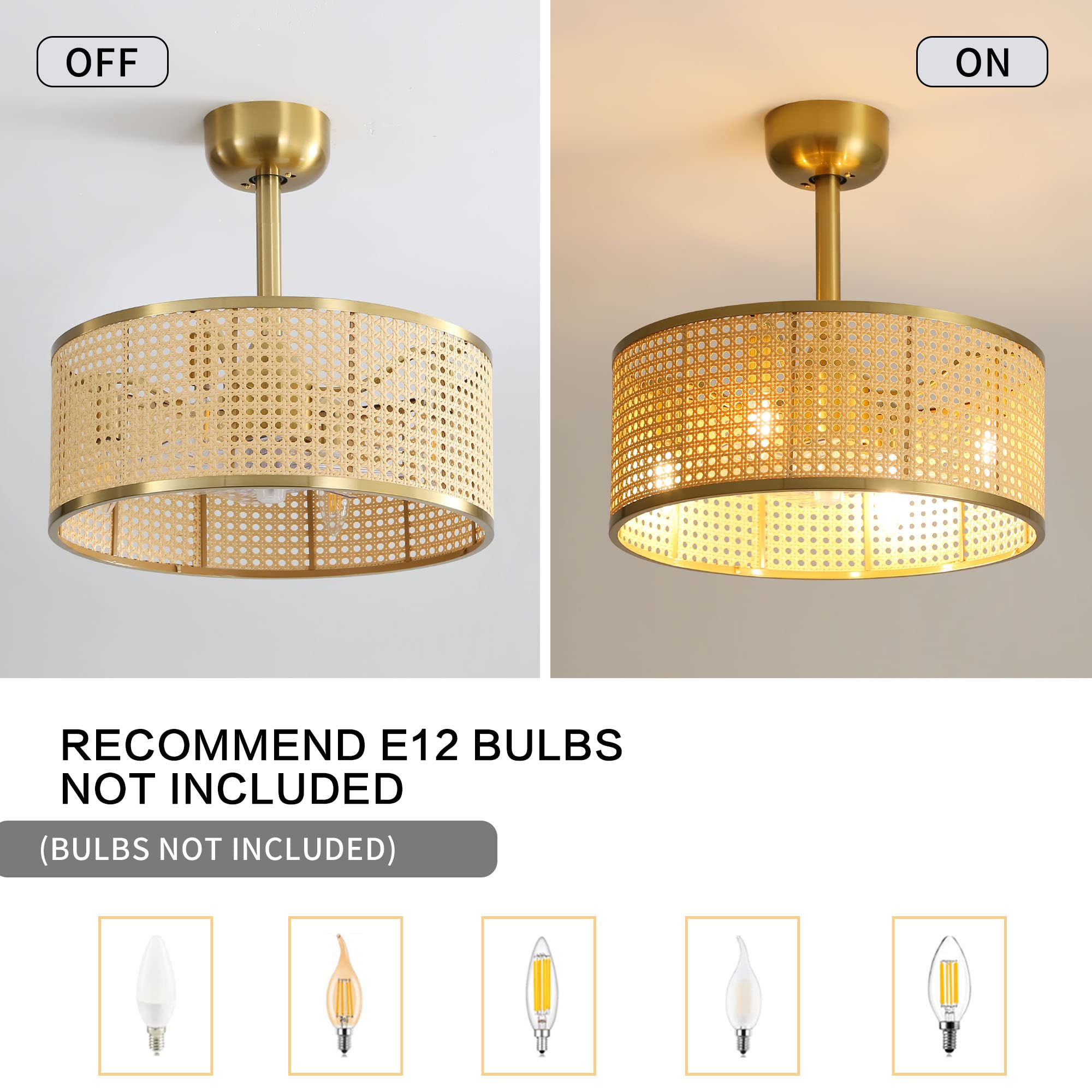 ELEHINSER Caged Ceiling Fan with Light and Remote Control, 12" Enclosed Flush Mount Rattan Ceiling Fan, Farmhouse Low Profile Ceiling Light Fixtures Fandelier Bladeless Fan for Bedroom, Kitchen