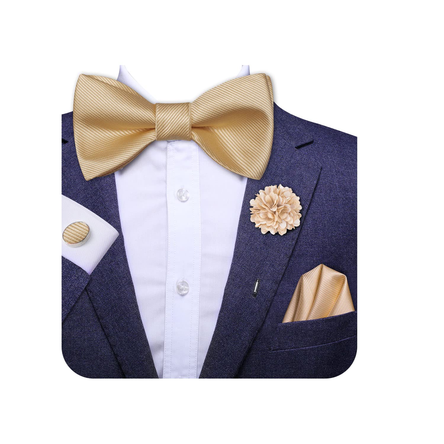 Hi-Tie Champagne Bow Ties for Men Self Tied Formal Silk Bowtie and Handkerchief Cufflinks Lapel Flower Set for Party Prom