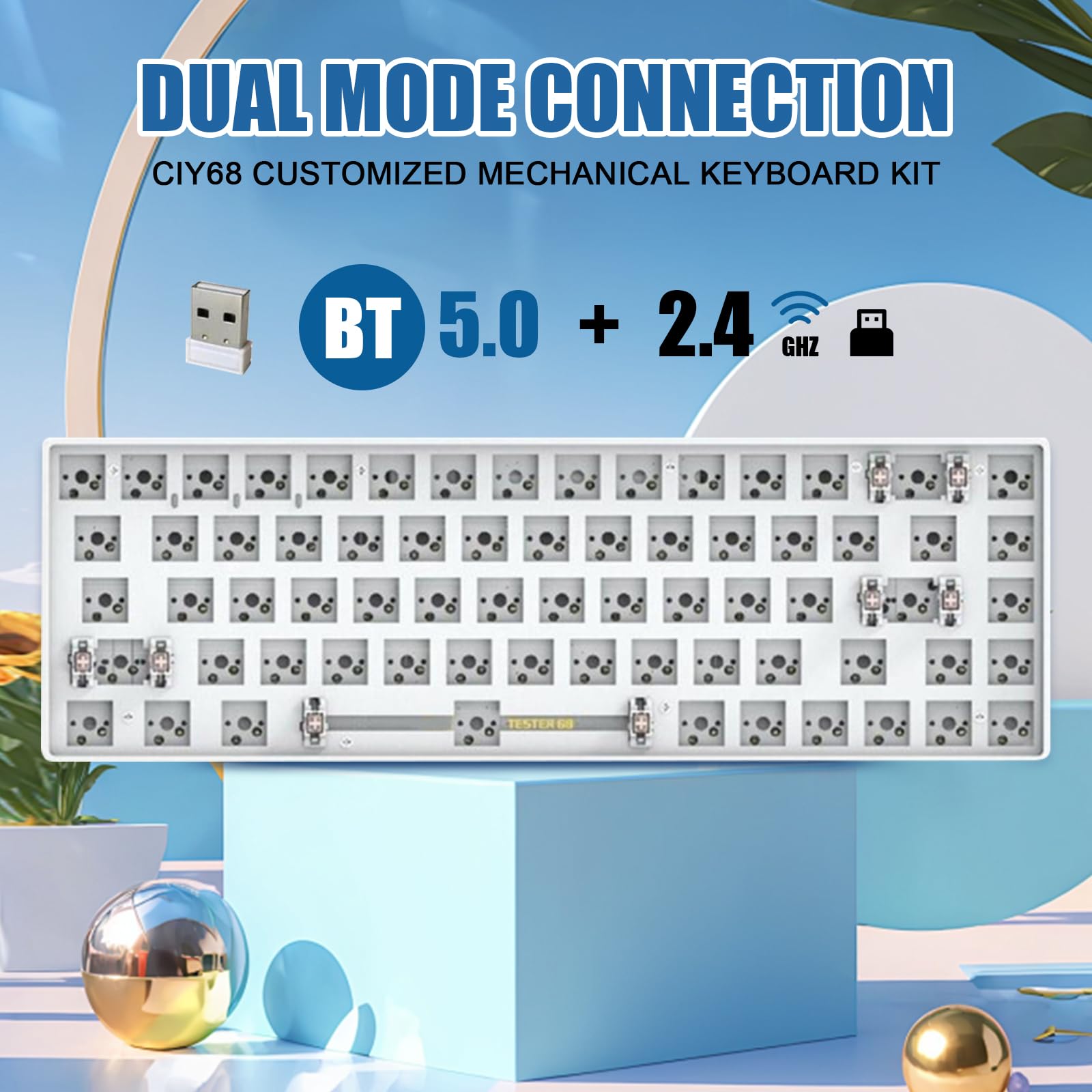 ZMX CIY68 Keyboard Kit,Hot Swappable 65% Mechanical Keyboard Wireless Bluetooth 5.0/2.4G Dual Mode Kit with ABS Shell Metal Positioning Plate Sound Insulation Mat for Windows/Android (White)