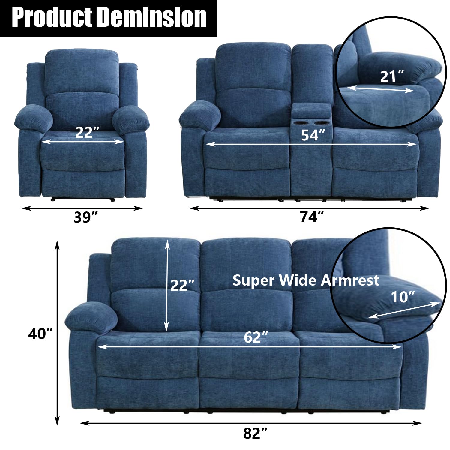 SIENWIEY Blue Linen Fabric Reclining Sofa for Living Room Furniture, Double Recliner Loveseat 2 Seats Couch with Storage Console/Two Cup Holders/Linen Fabric