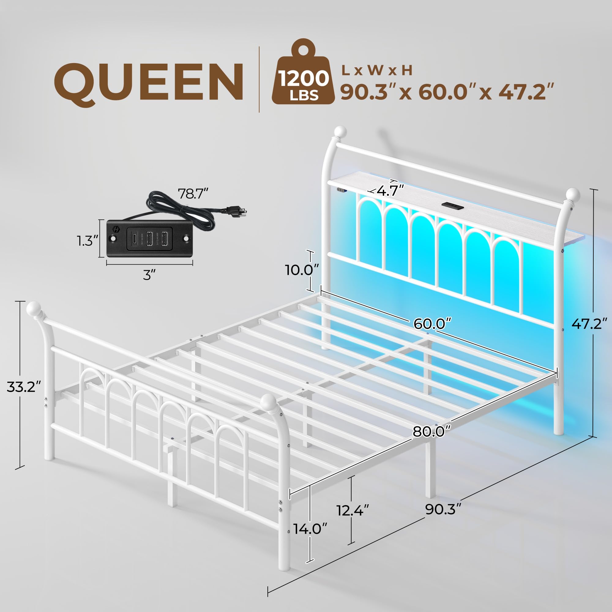 Rolanstar Queen Bed Frame with USB Charging Station, LED Bed Frame with Storage Headboard, 14 Inch Black Metal Platform Bed with Sleigh Headboard and Footboard, No Box Spring Needed, Noise Free