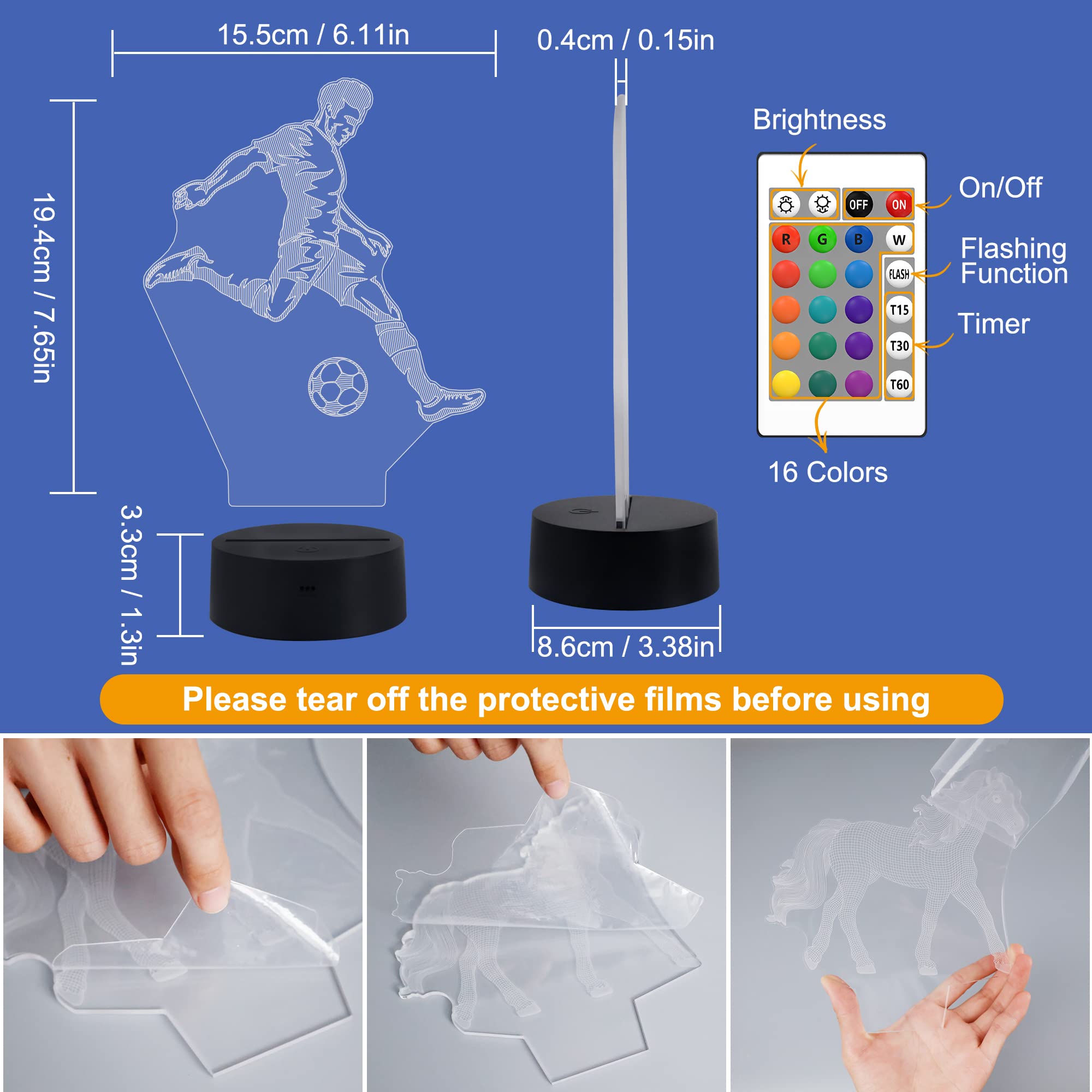 FULLOSUN Soccer Night Light, 3D Optical Illusion Lamp for Soccer Fan, Idea Birthday Xmas Gifts for Sport Fan Boys Girls with Remote Control 16 Color Change + Dim Function + 4 Flash Mode