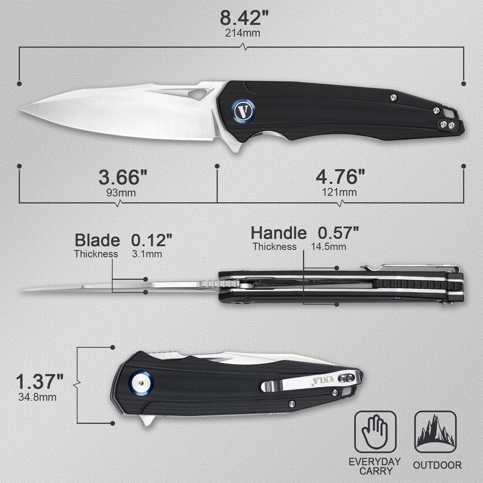 VNLA Praxis Flipper folding Pocket Knife,Sandvik 14C28N Steel Blade,G10 Handle,with Pocket Clip for Men Women. Sharp Work Hiking Camping Knives. (Sanding blade surface)