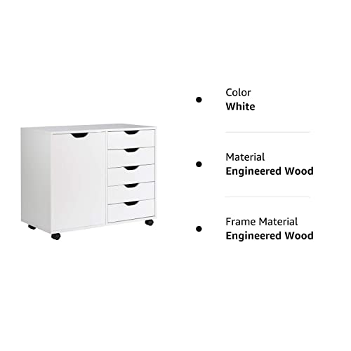 Giantex Drawers Cabinet Mobile Lateral Filing Organizer with 5 Drawers,1 Side Cabinet and Wheels Mobile Chest for Home Office Storage Use Dresser (31βx 15.5β x 25.5β, White)