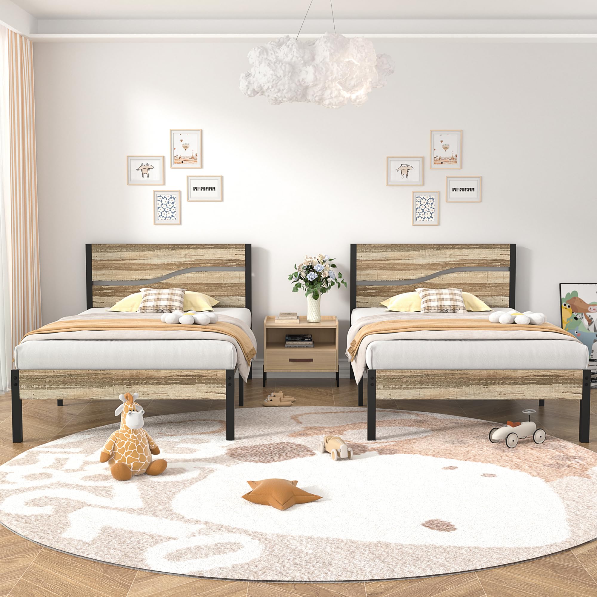 VECELO 2 Set Twin Bed Frame with Wood Storage Headboard & Footboard, Heavy Duty Metal Platform, Large Under Bed Storage, Noise-Free, No Box Spring Needed, Easy Assembly,Retro Black