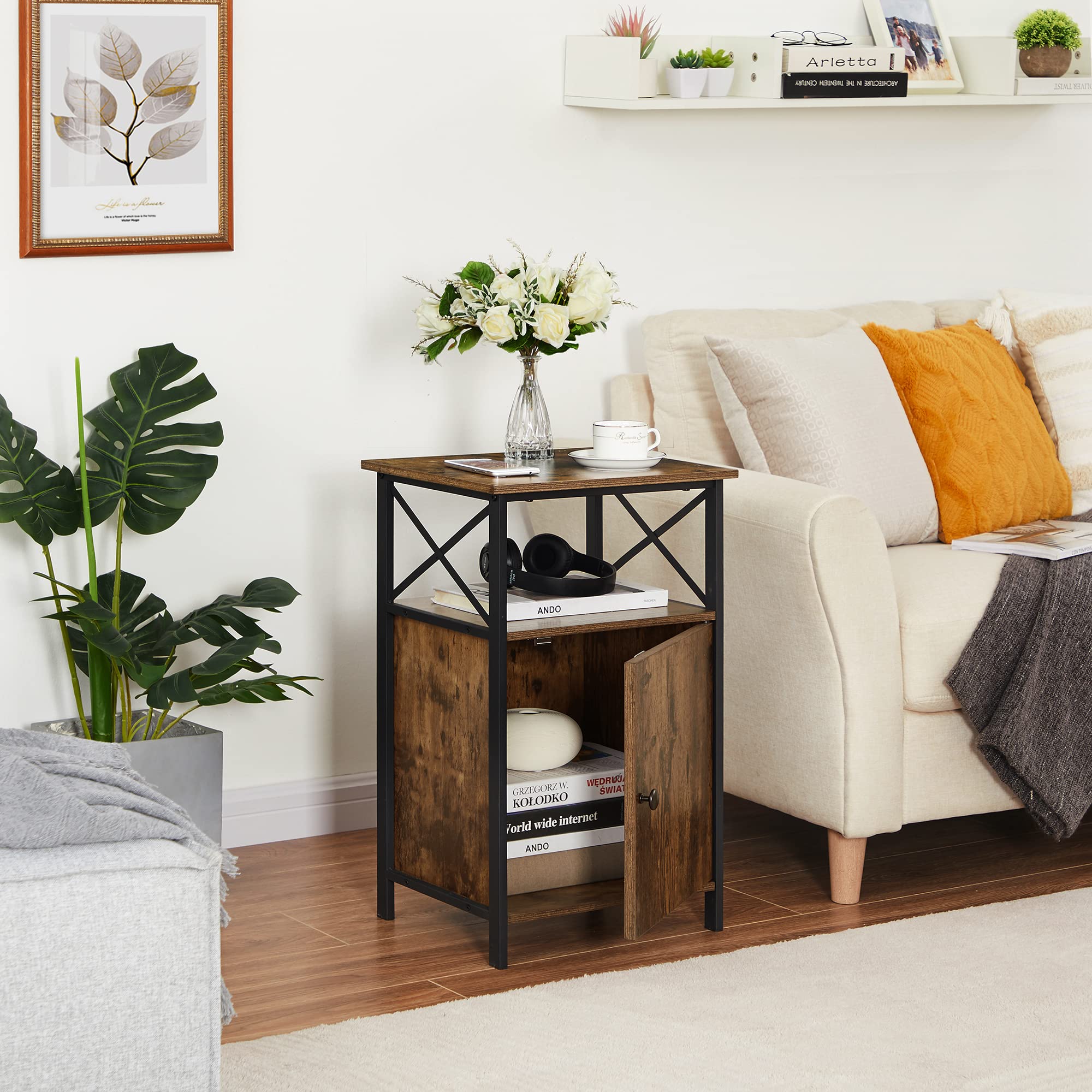 VECELO Brown End Side Table, Modern Night Stand with Storage Space and Door,Set of 2 Nightstands for Living Room,Bedroom,Lounge