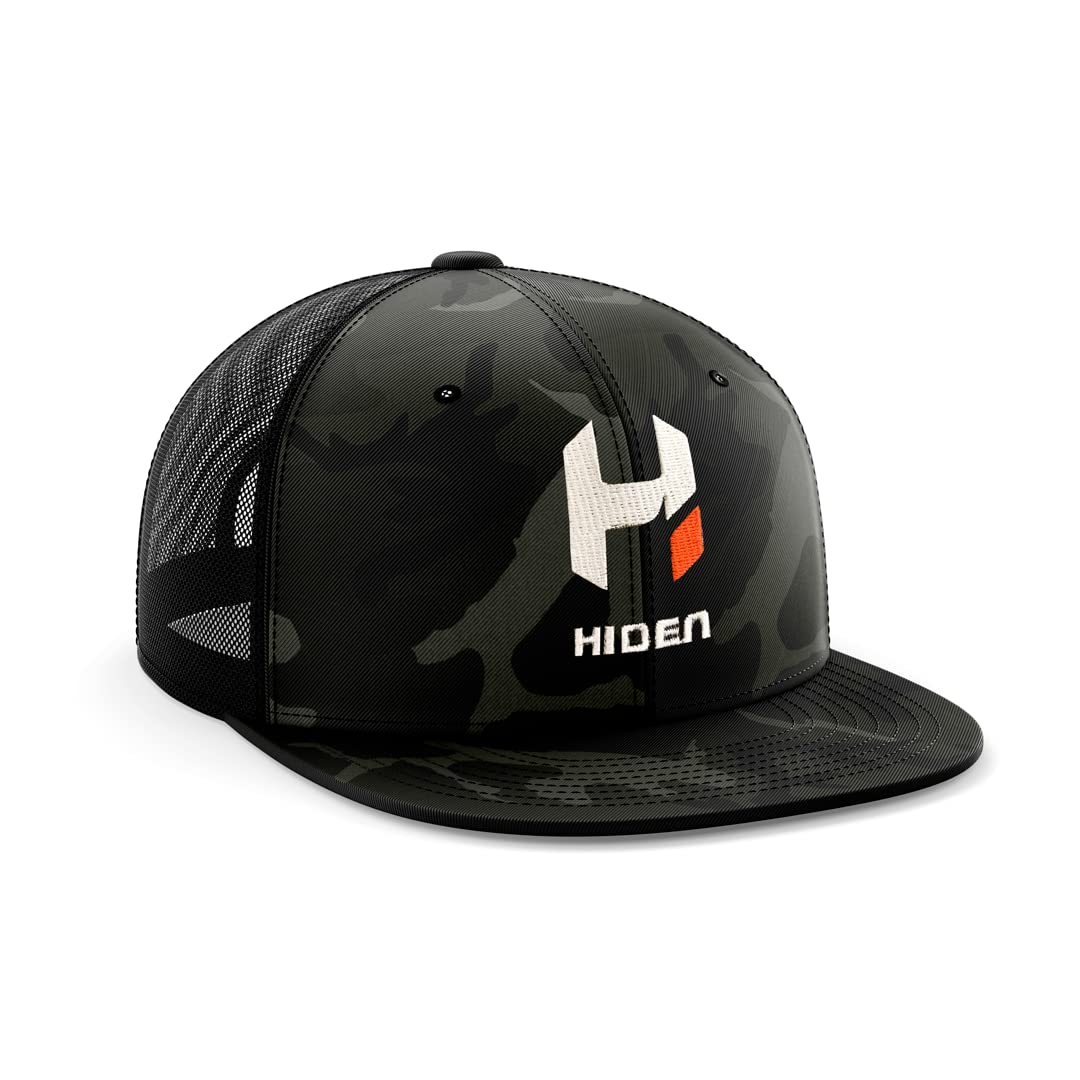 HIDEN Camo Flat Bill Hats for Men, Black Trucker Hat, Snapback Hat - Stealth Camo