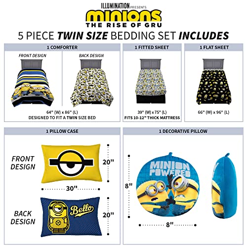 Franco Minions: The Rise of Gru, Kids Bedding Soft Comforter with Sheets and Cuddle Pillow Bedroom Set, 5 Piece Twin Size