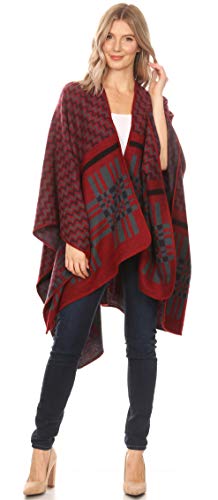 Sakkas 1928 - Lupe Womens Reversible Poncho Wrap Cape Shawl Sweater Coat Cardigan Pattern - Zigzag Burgundy - OS