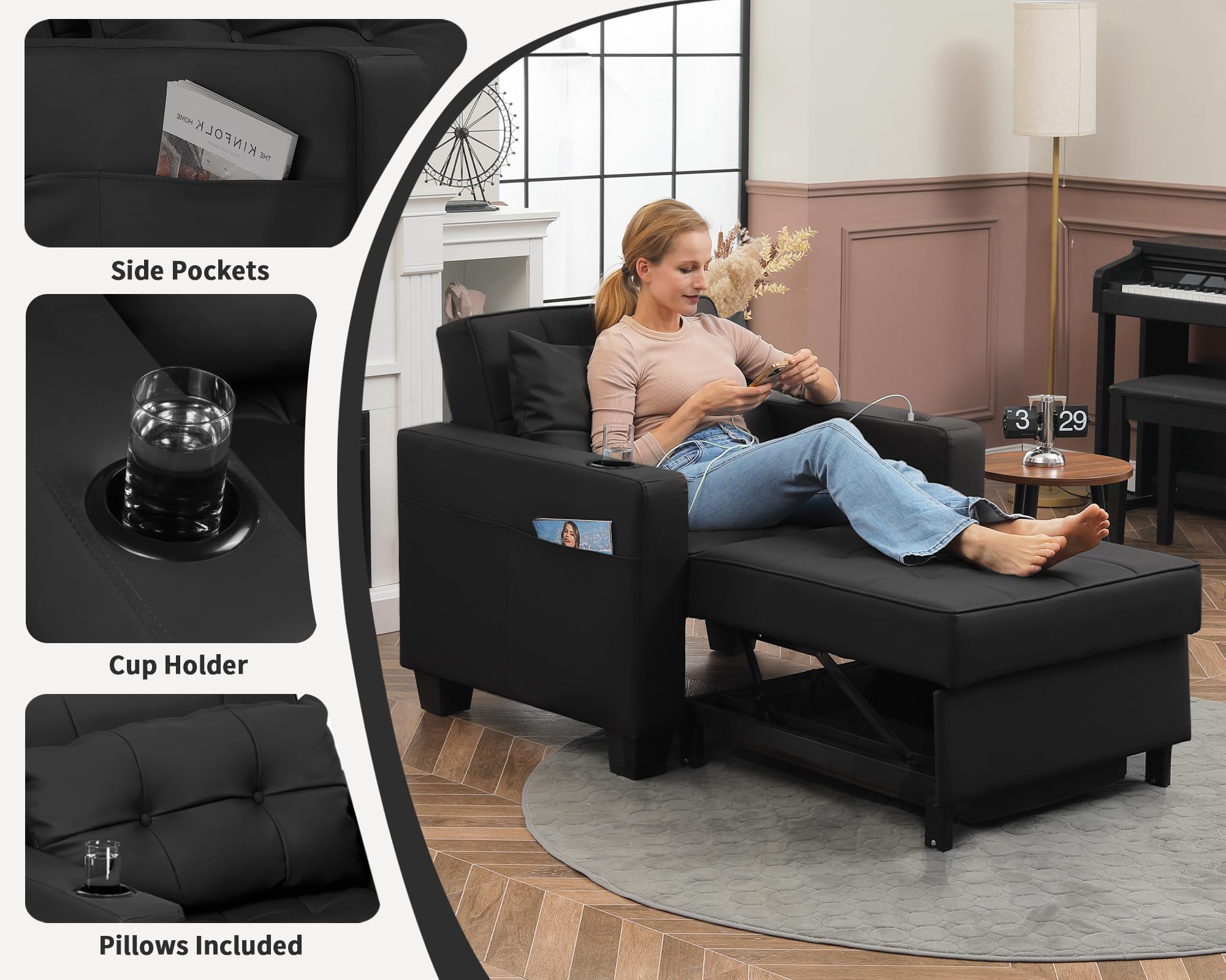 DURASPACE Pull Out Sofa Bed 3-in-1 Convertible Sofa Sleeper Chair Bed with USB, Cup Holder, Adjustable Armchair Beds for Small Spaces, Apartment, Living Room, Office (Caramel Brown Faux Leather)