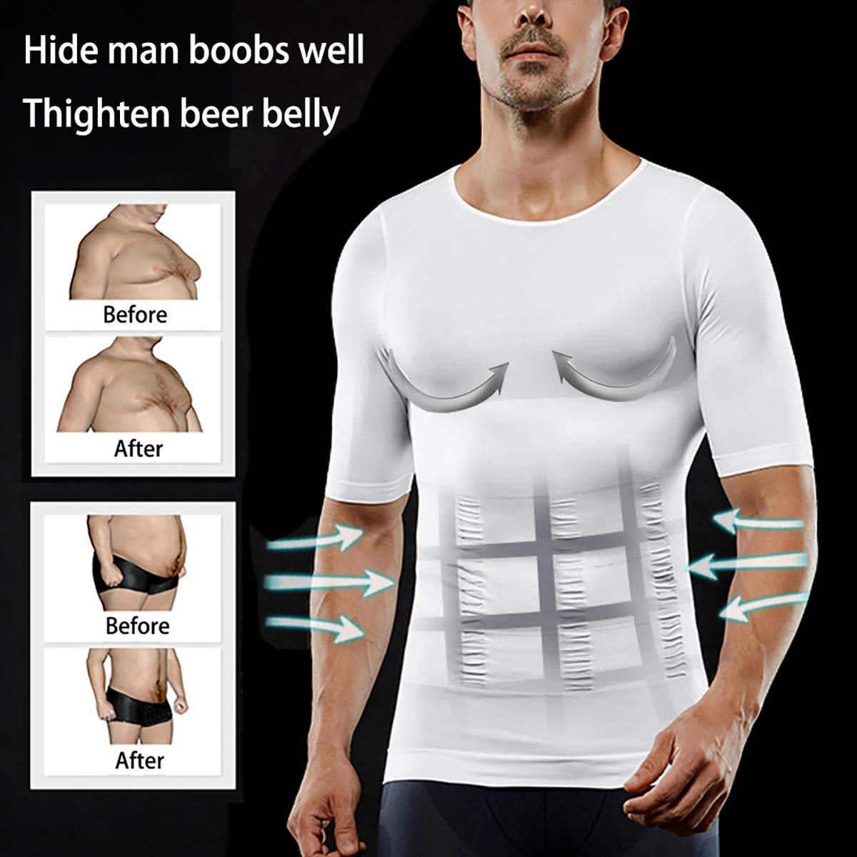 Generic Men's Compression Shirt Short Sleeve Tank Top Body Shaper Slimming T-Shirt Athletic Sports Base Layer Top Running Shaperwear (Black, L)