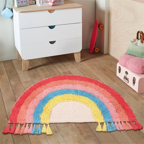 Rainbow Rug for Bathroom,15.7" x 31.5" Colorful Kids Rug with Tassels for Girls Bedroom,Cute Tufted Bath Mat for Tub,100% Cotton Semi-Circle Throw Carpet for Kitchen Dorm