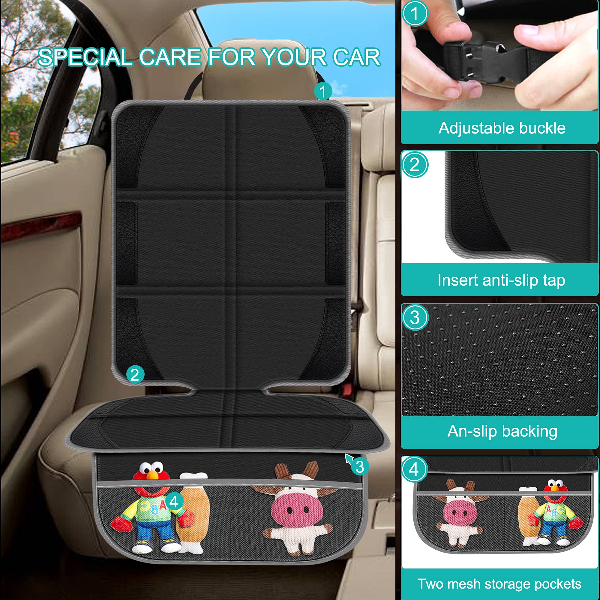 Femuar Car Seat Protector, 2-Pack Car Seat Protector for Child Car Seat with Thickest Padding,Seat Protector with Mesh Pockets,Non-Slip Backing,Waterproof Car Seat Pad for Baby