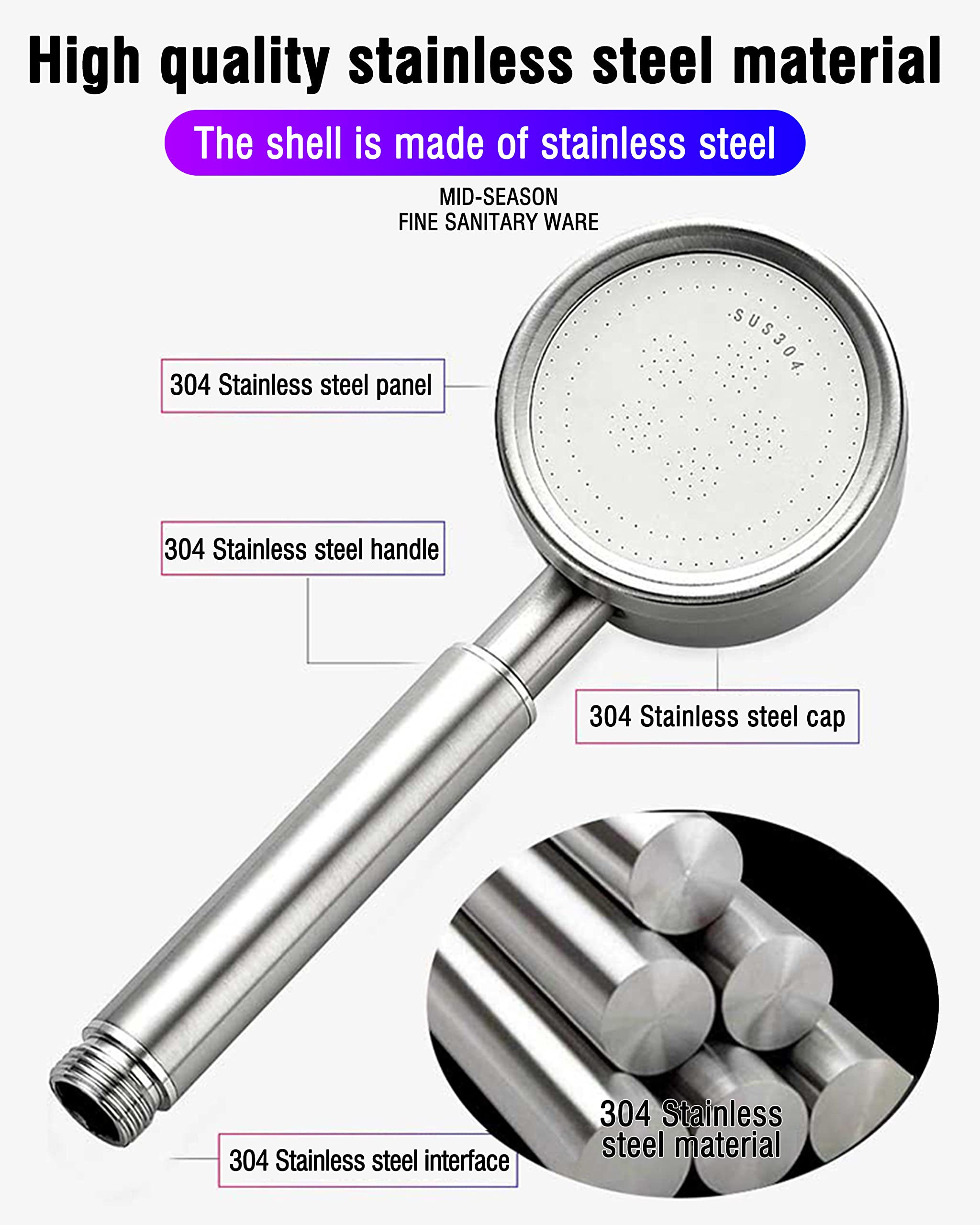 High-pressure shower head with handheld, 304 stainless steel shower head with 78" long hose and extra wall bracket,all metal small hand held detachable bathroom shower heads (silver white)