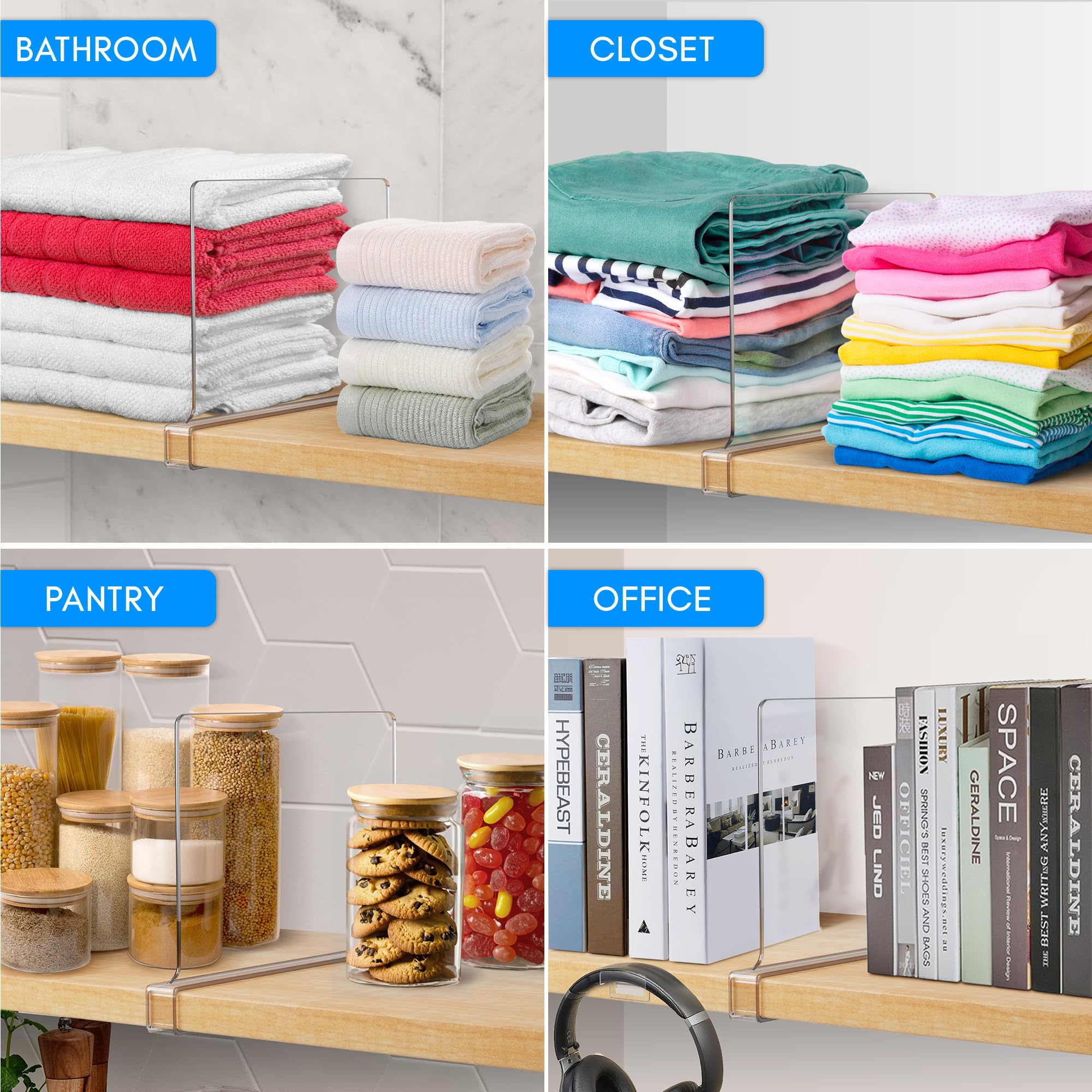 VooValley 4Pcs Clear Acrylic Shelf Dividers for Closets, Vertical Shelves - Sturdy Closet Shelf Organizer with 4 Hooks and Tape - Easy to Install Tall Shelf Separators for Bathroom, Pantry, and More