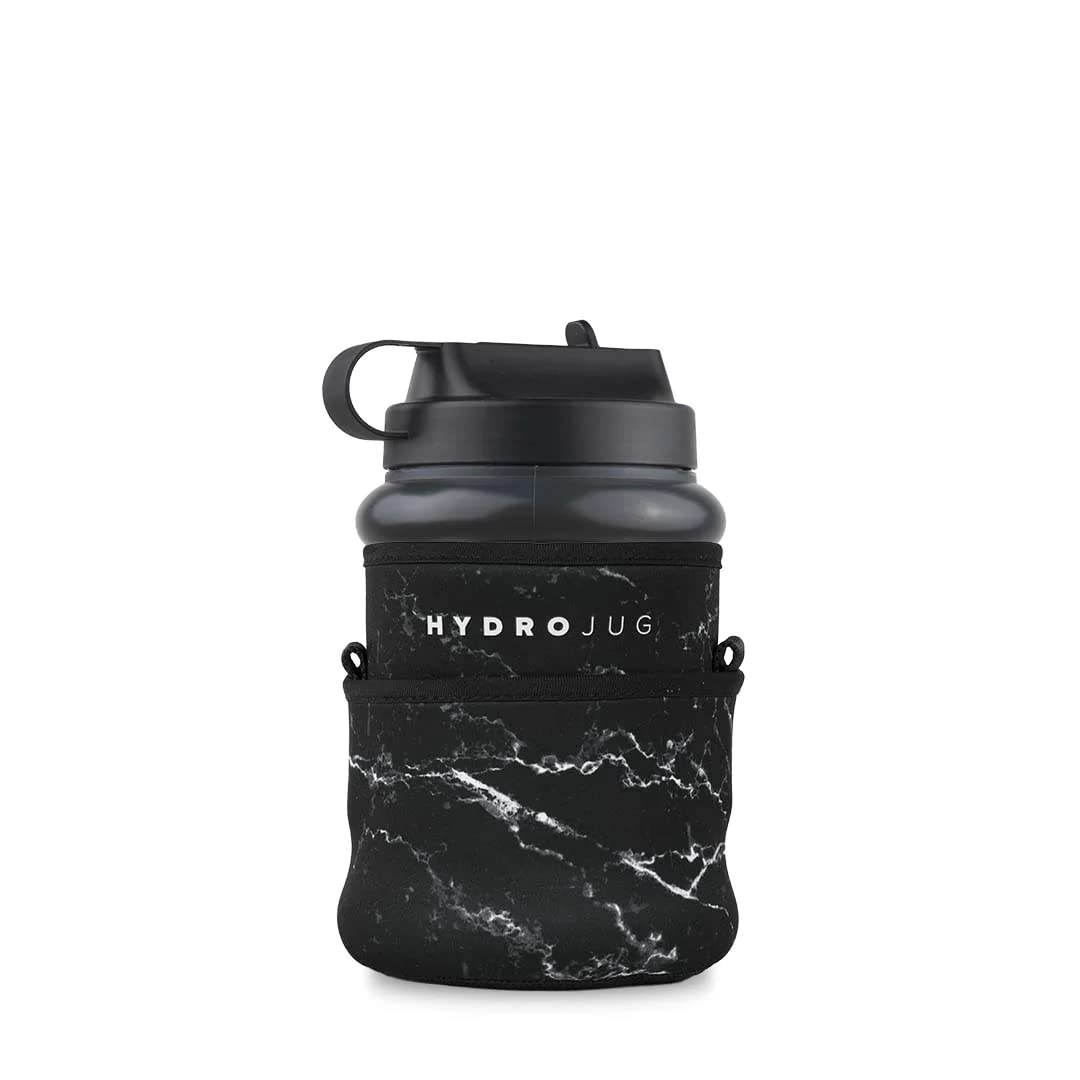 HydroJug Mini Bundle: 32oz Water Bottle Sleeve & Straw - Dishwasher Safe Reusable Durable BPA Free Plastic w Integrated Handle and Carry Loop - Leak Proof Seal -Kids and Adults (Black Marble on Black)