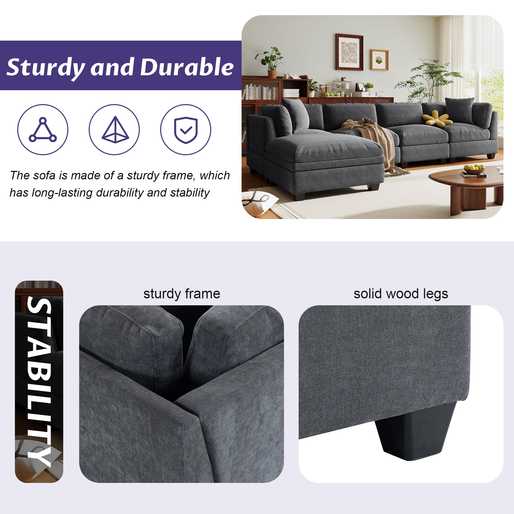 Merax Modern Upholstered Modular Sectional Sofa with Removable Storage Ottoman and Hidden Cup Holders Freely Combinable Indoor Furniture Sets for Apartments,Studio,Office, 5 Seat-L Shape, Grey