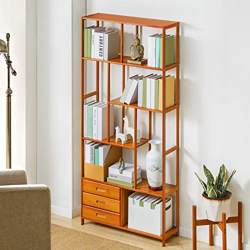 MoNiBloom 4 Tier Bookcase with 3 Drawers, Bamboo Freestanding Ventilated Display Shelf Storage Organizer Cabinet for Bedroom Living Room Office Décor, Brown