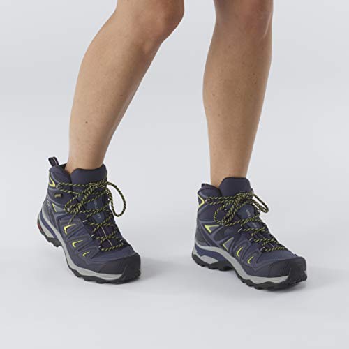 Salomon X Ultra 3 MID Gore-TEX Hiking Boots for Women, Crown Blue/Evening Blue/Sunny Lime, 8