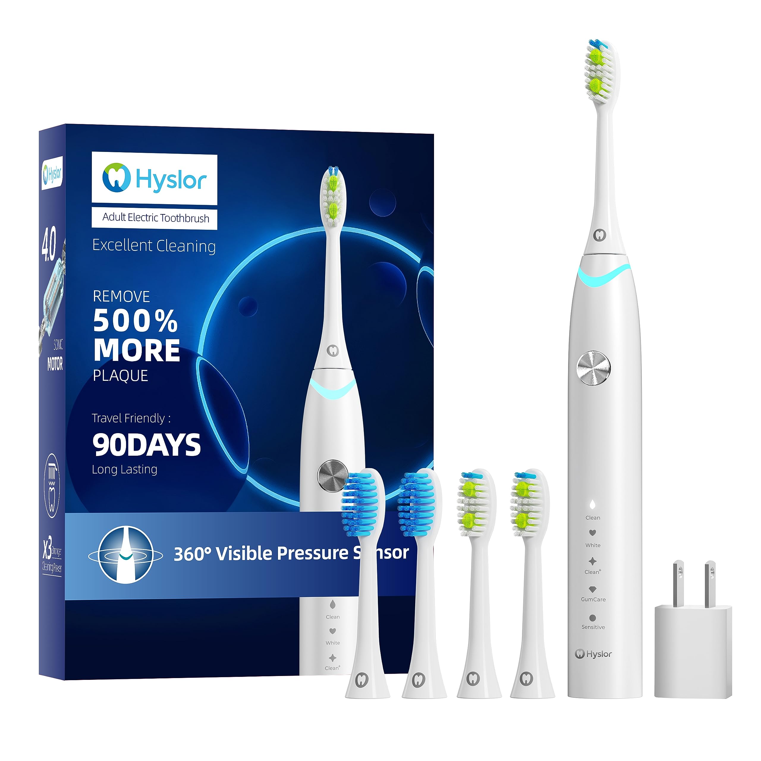 Hyslor Electric Toothbrush for Adults with Pressure Sensor, Rechargeable Sonic Toothbrushes 3 Hours Fast Charging for 80 Days Using, Power Electronic Tooth Brush 5 Modes with 4 Brush Heads, White
