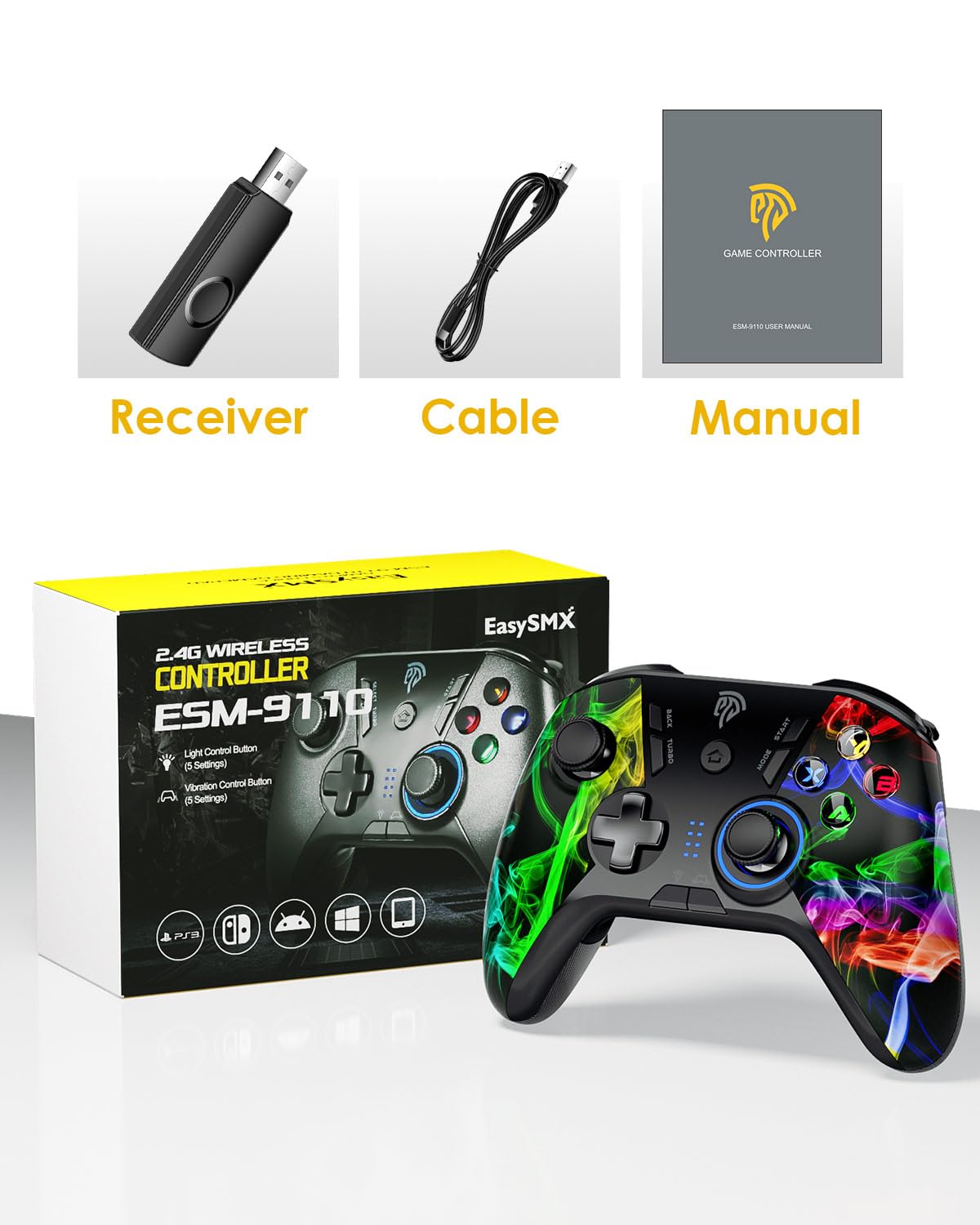 EasySMX Wireless Game Joystick Controller, 2.4G Wireless Gamepad Joystick PC, Dual Vibration, 14 Hours of Playing for PC/PS3/TV Box/Nintendo Switch (Black)