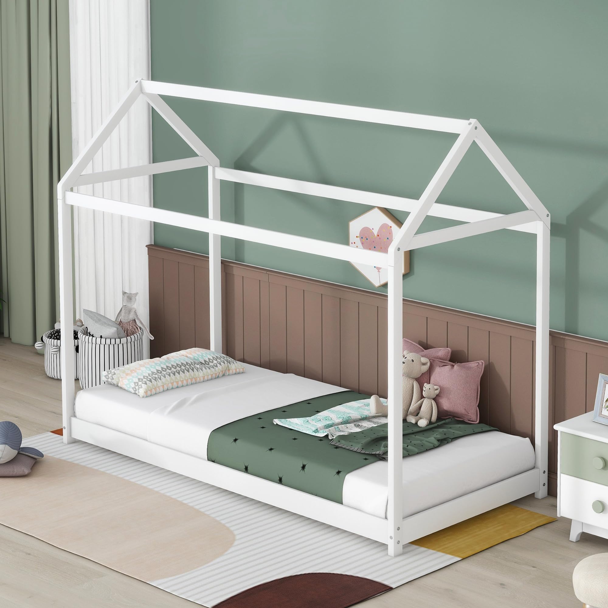 Twin Size House Bed, Wooden Daybed, Floor Bed for Toddlers, Teens, Girls, Boys, Kids House Bed Frame Can Be Decorated (White)