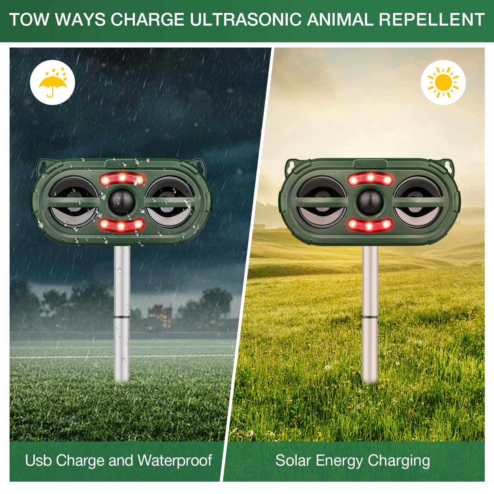 Solar Animal Repeller Outdoor,2024 Upgrade Cat Repeller Outdoor,Ultrasonic Squirrels Repellent Waterproof Dog Repeller,Deer Repellent Devices with Motion Sensor and Flashing Lights for Yard Garden