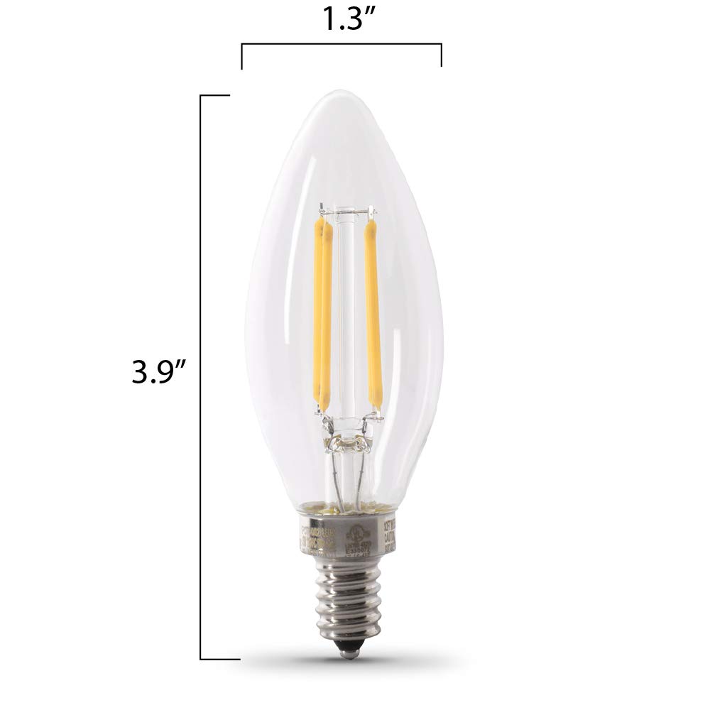 Feit Electric 40W Equivalent Candelabra LED Light Bulb, Dimmable, E12 Base, 2700K Soft White, B10 Filament Torpedo Tip Decorative Lighting Bulbs, 13-Year Lifetime, CTC40/927CA/FIL/6, 6-Pack