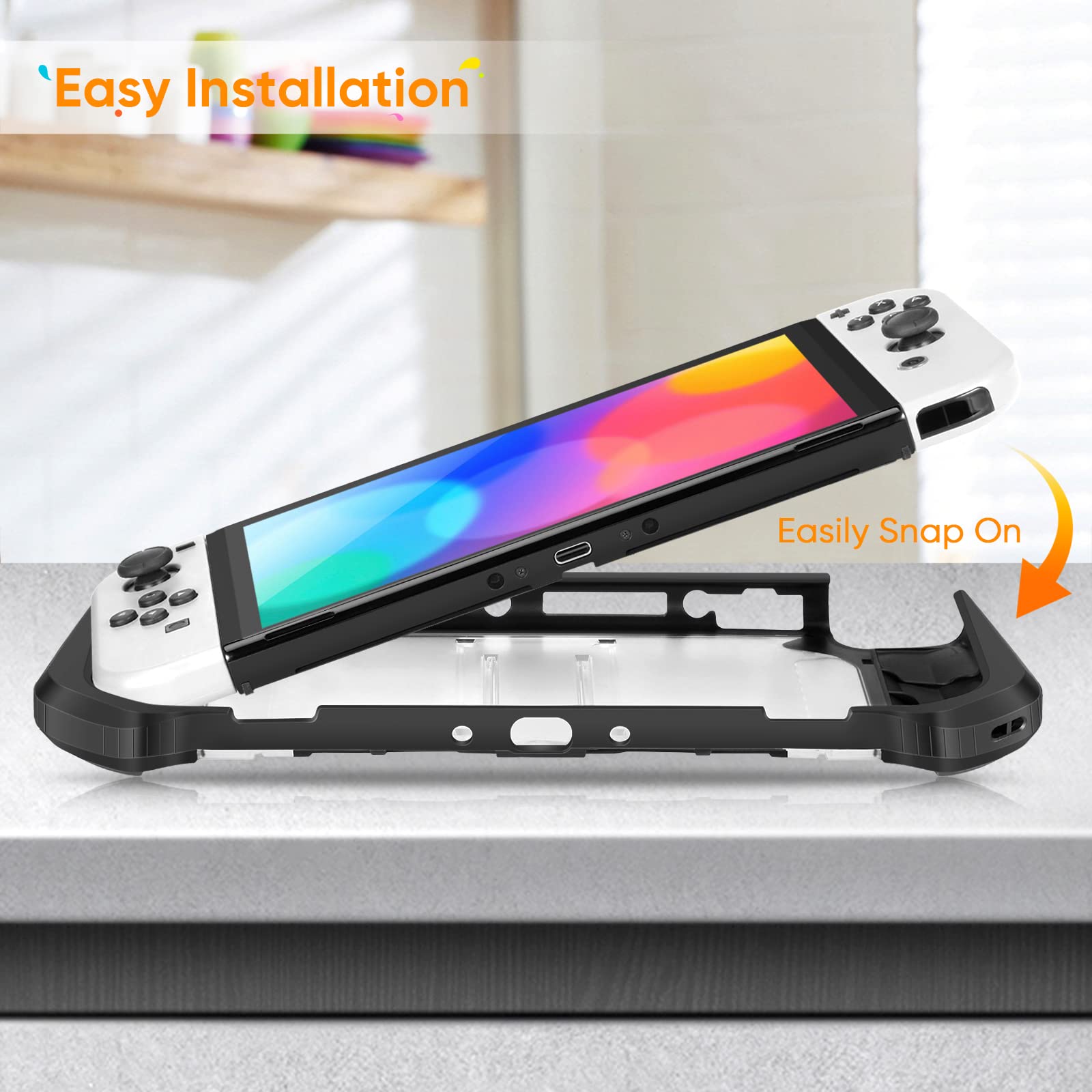Fintie Case for Nintendo Switch OLED Model 2021 w/Fixed Stand, [Shock Proof] Protective Cover w/Hard Matte Clear Back Panel & Soft TPU Bumper, Ergonomic Grip for Switch OLED Model Console, Black