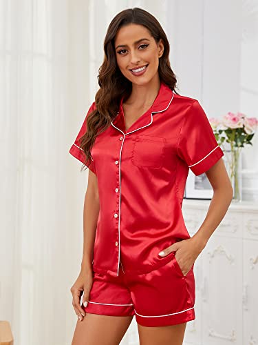 U2SKIIN Silk Pajamas for Women Shorts Set, Short Sleeve Women Satin Pajamas Sleepwear Button Down Pjs Set Two-piece(Red, L)