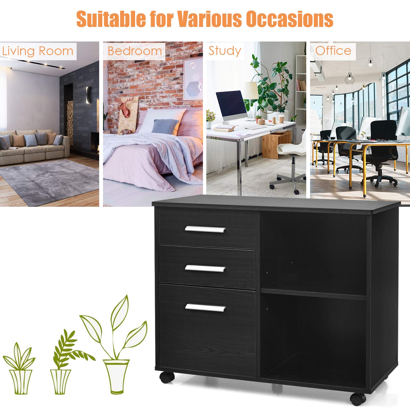 Giantex 3-Drawer File Cabinet, Mobile Lateral Filing Cabinet with Wheels, Large Printer Stand with 3 Drawers and Open Storage Shelves, Multifunctional Storage Cabinet for Home Office (Black)
