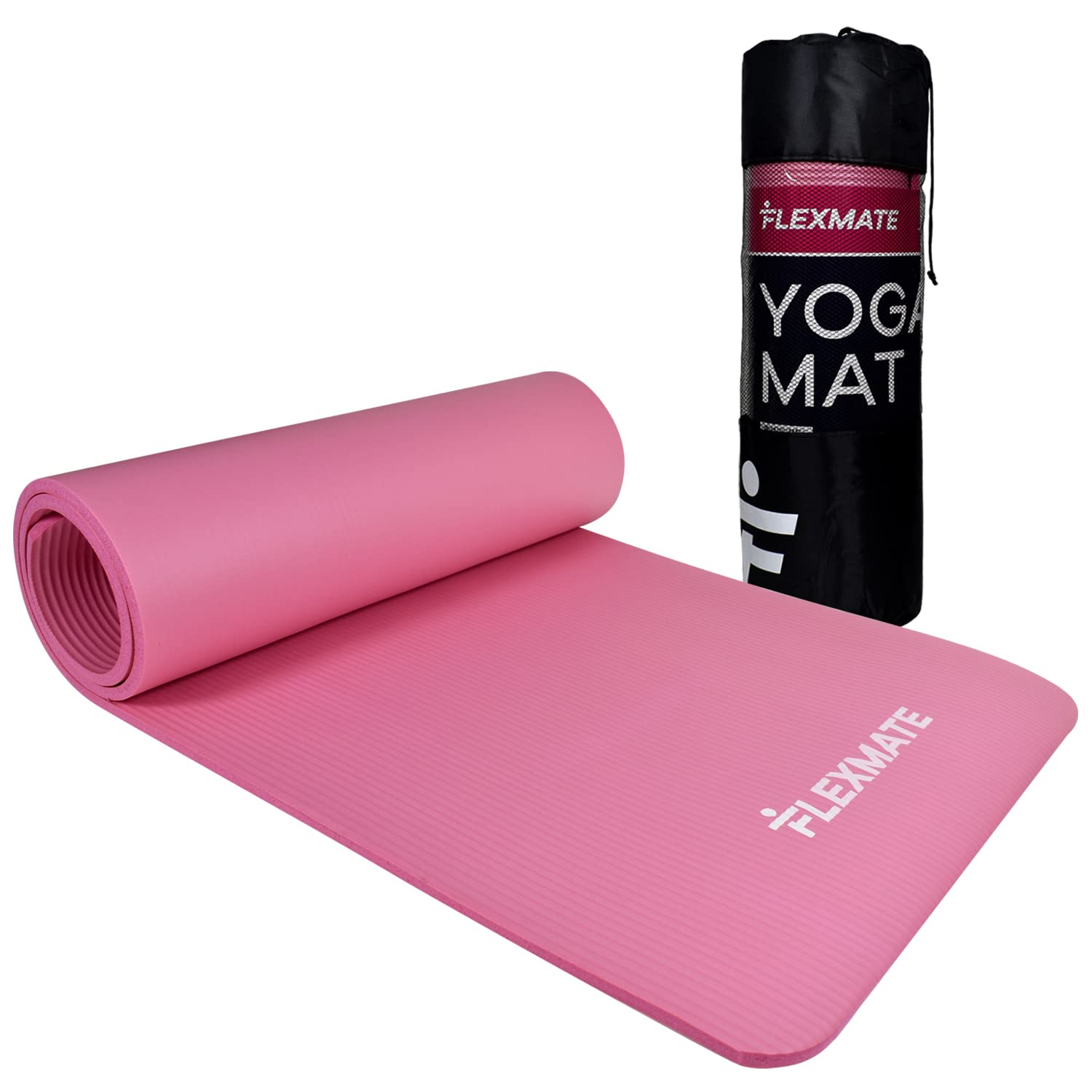 High-Density Yoga Mat For Women & Men With Carry Bag By Flexmate- Anti-Tear, Pilates, Training- Black (Pink)