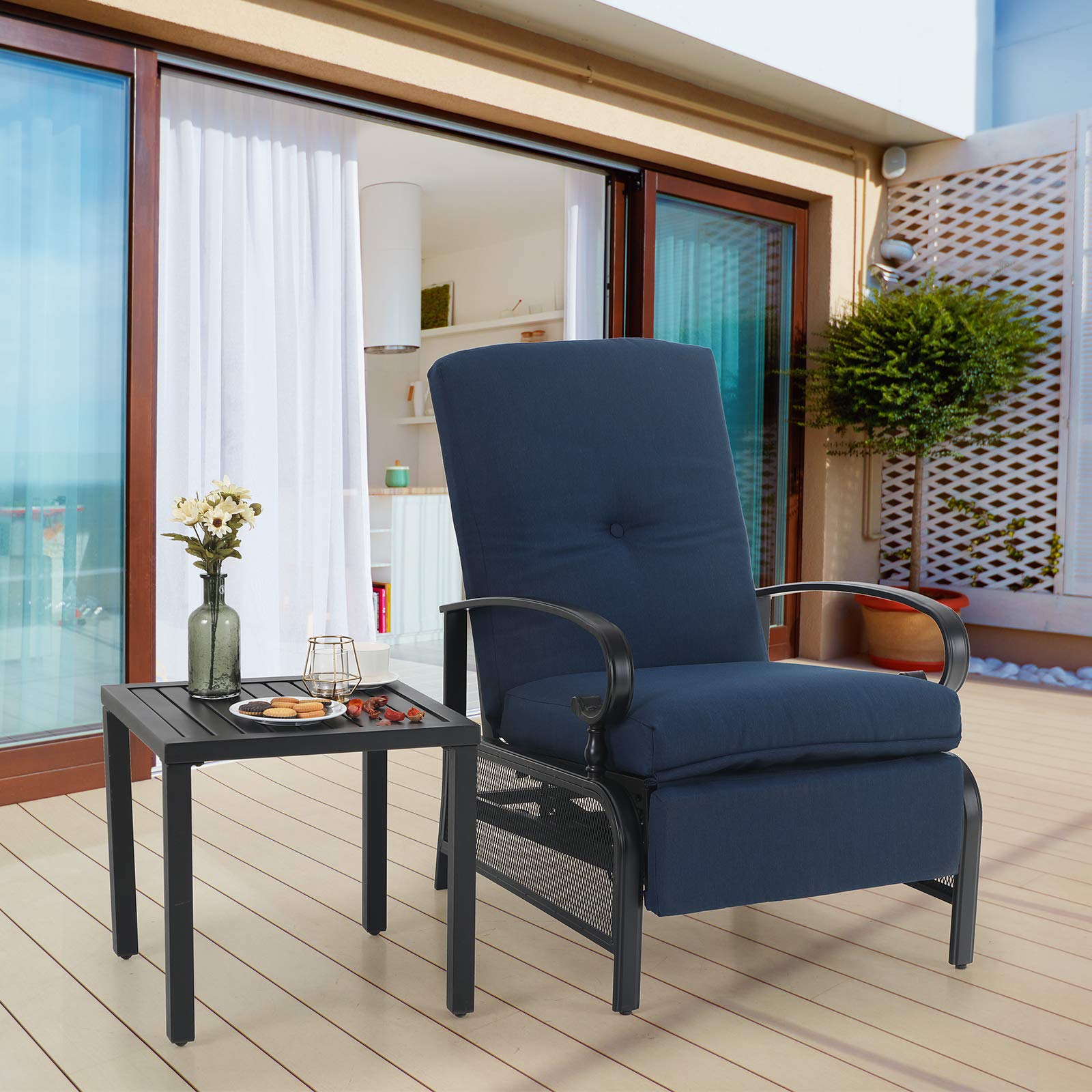 PHI VILLA Adjustable Patio Recliner Chair Metal Outdoor Lounge Chair with Removable Cushions Support 300lbs, Navy