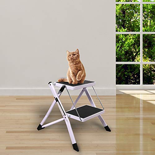 Varbucamp Step Ladder 2 Step Folding for Kitchen, Lightweight Portable Step Ladder with Sturdy Wide Pedal for Adults & Kids,White
