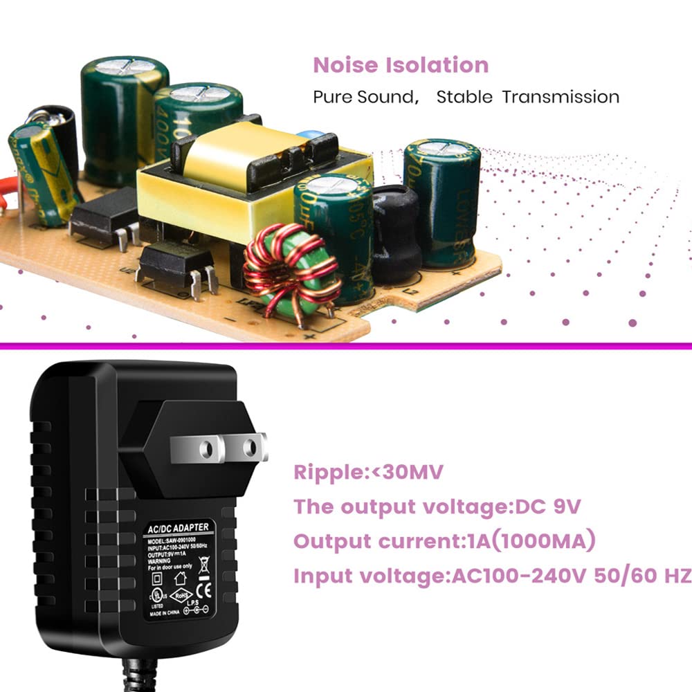 Guitar Pedal Power Supply Adapter 9V DC 1A 1000mA Tip Negative 5 Way Daisy Chain Cables for Guitar Effect Pedals