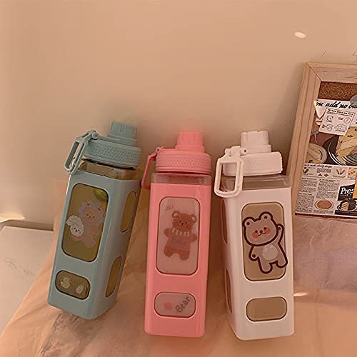 JQWSVE Kawaii Bear Water Bottle with Straw and Sticker, 24 oz Portable Square Drinking Bottle