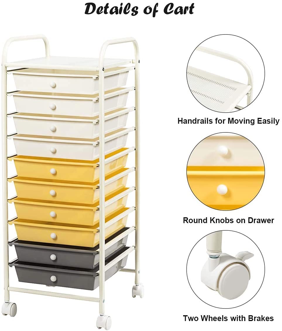 Giantex Plastic Boxes 10 Drawer Rolling Organizer Cart Utility Storage Tools Scrapbook Paper Multi-Use (Yellow)