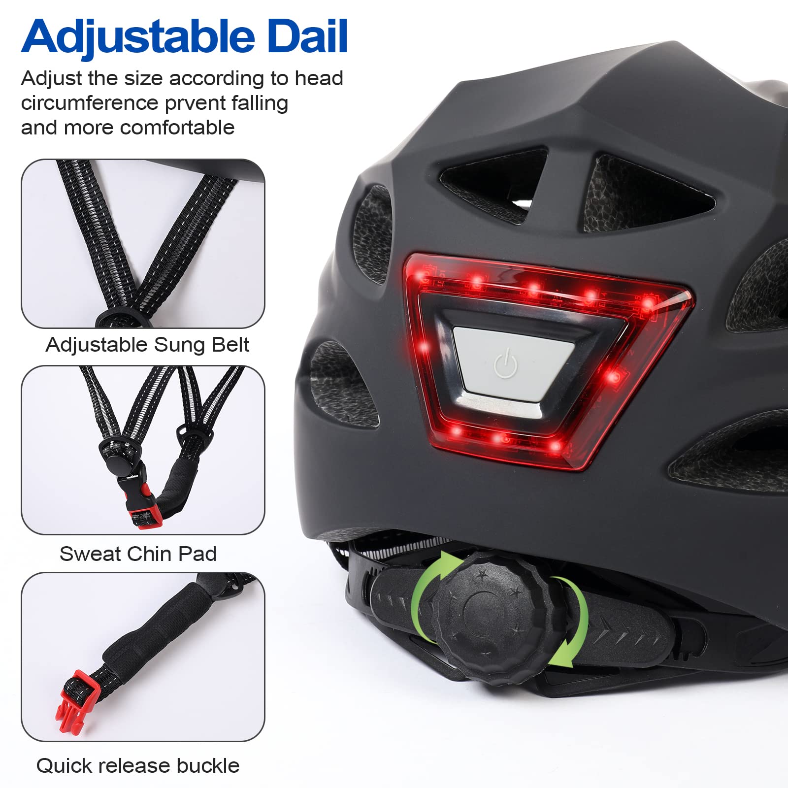 HIJIRH Pro Grade Bicycle Helmet,Mountain Bike Helmet,with Front USB Floodlight and Warning LED Light on Back,for Urban Commuter, Adjustable, Large & Medium Size, Fit for Adult Men/Women