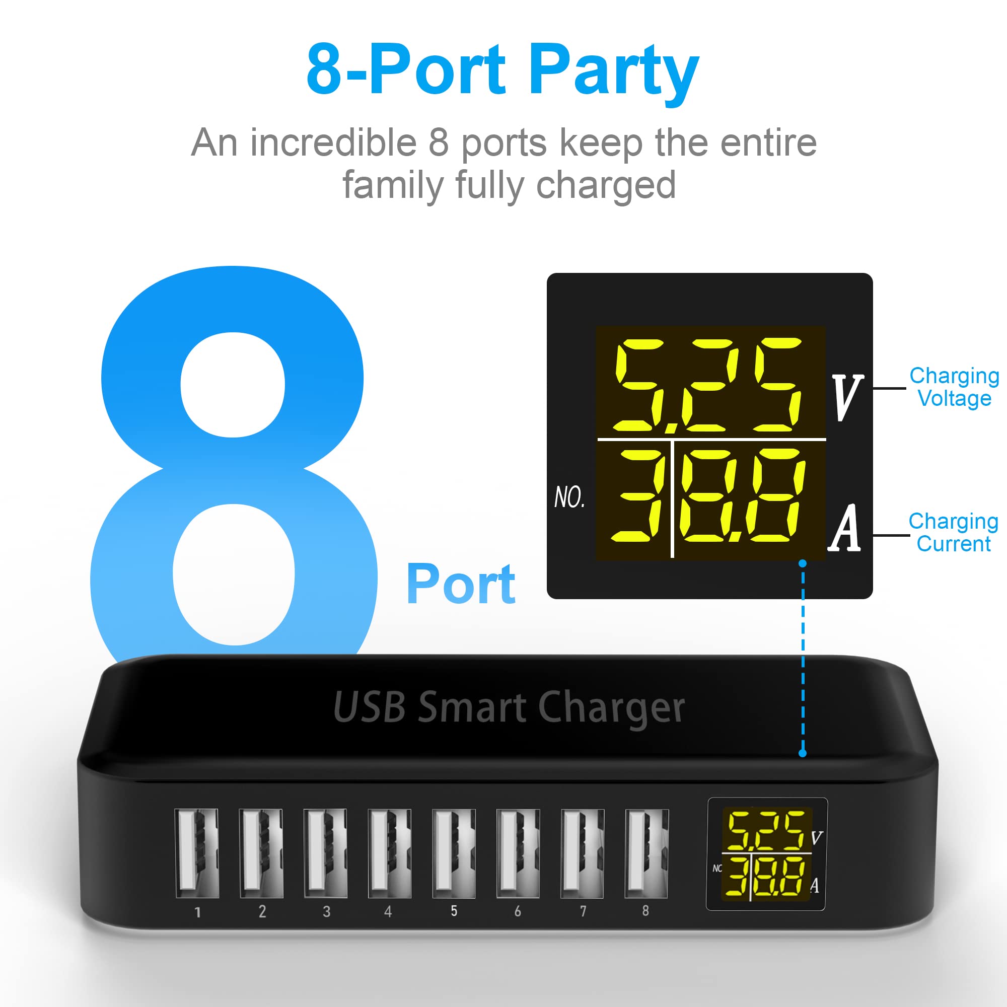 USB Charging Station, Ziwodiv 8-Port 60W/12A USB Charger Station, Multi Ports USB-A Charging Hub with LED Display, Compact Desktop Charger for Multiple Devices, iPhone iPad Samsung Android and Tablet