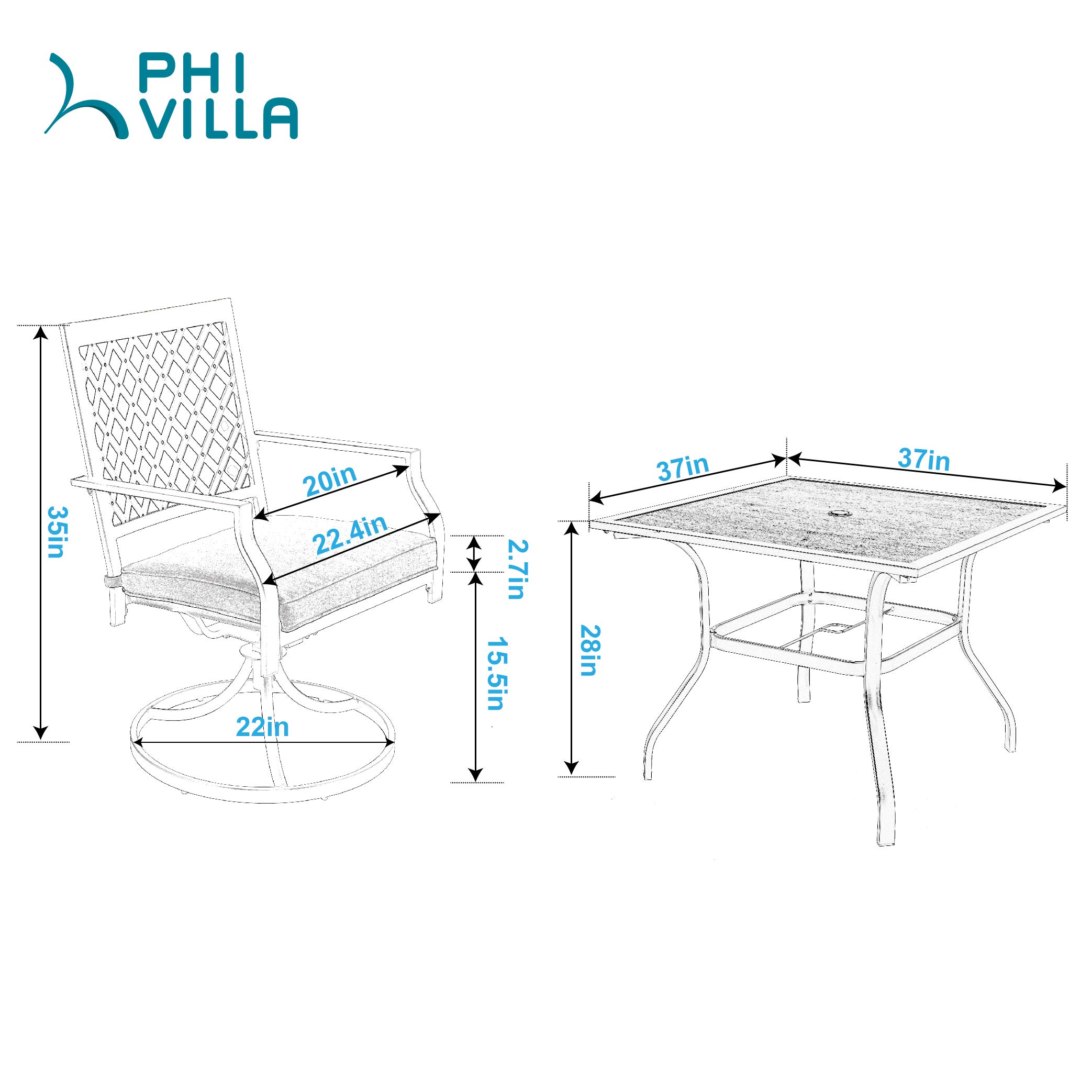 PHI VILLA Outdoor Patio Wood-Like 37" Square Dining Table and Arm Swivel Chairs Furniture Set of 5